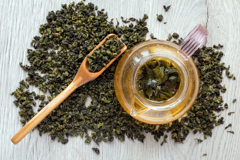 Top View Brewing Green Tea in a Glass Teapot. Stock Photo - Image of ...