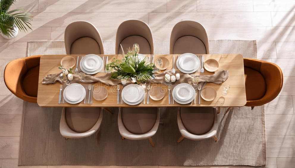 Top View on Bright Dining Room Interior with Dinner Table Stock ...