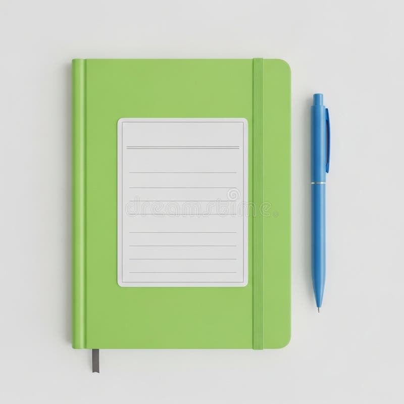 Top View of a Bright Green Notebook with a Blue Pen on a White Surface ...