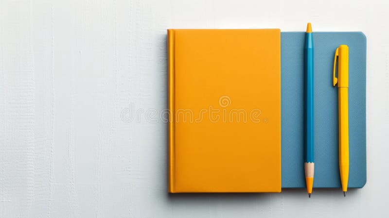Top View of a Bright Yellow Notebook, a Blue Pen, and a Yellow Pen on a ...