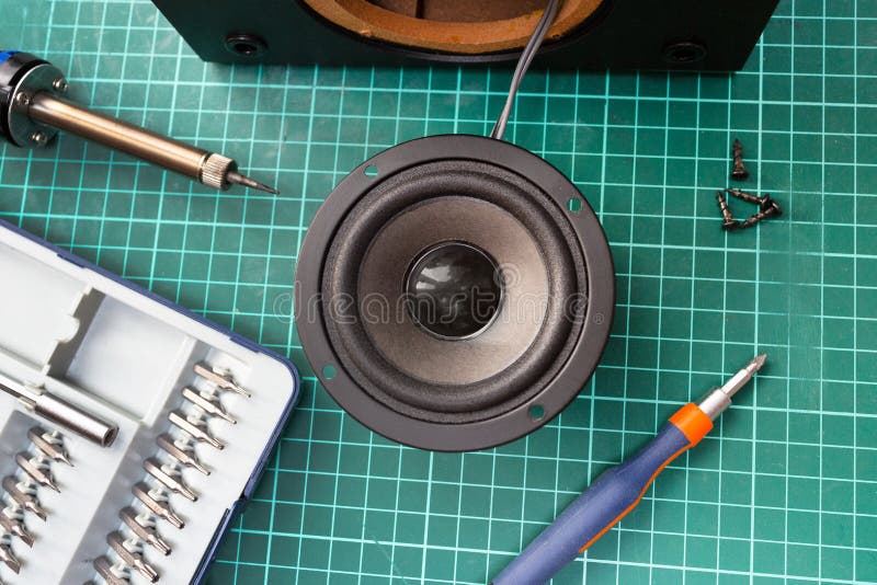 Top View of Broken Audio Speaker Repair Process. Flat Lay. Stock Photo ...