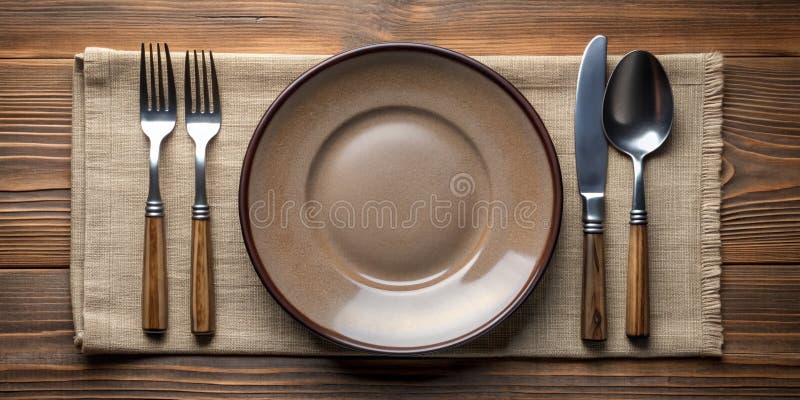 Top View of Brown Plate with Silverware on Wooden Table, Cutlery ...