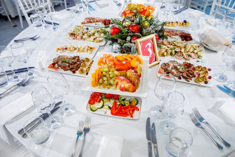 Top View on a Buffet Table with Different Tasty Snacks. Menu, Banquet ...