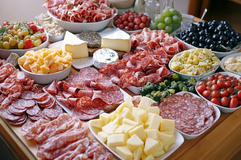 Top View of a Buffet Table Featuring a Variety of Appetizers, Antipasti ...