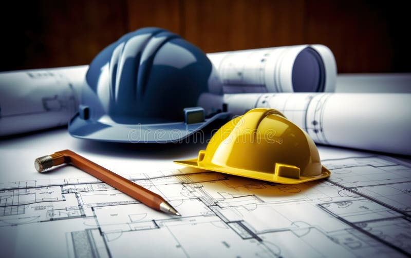 Top View of Building Plan Map and Helmet Generative Ai Stock ...