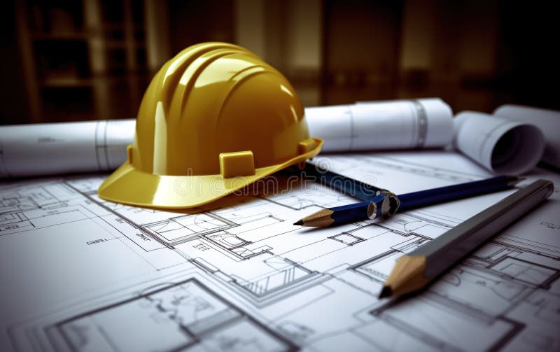 Top View of Building Plan Map and Helmet Generative Ai Stock ...