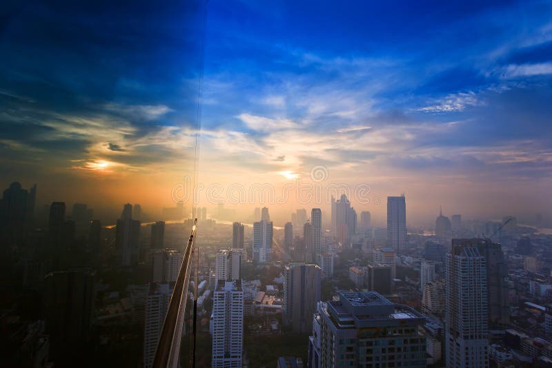 Top View Building and Reflection at Sunset Time Stock Photo - Image of ...