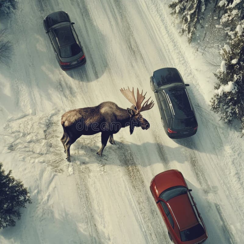Top View of Bull Elk Entering Road, Car before Hitting Moose Stock ...