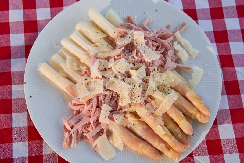 Top View on Bunch of White Boiled Asparagus Stalks Covered by Hard ... Top View on Bunch of White Boiled Asparagus Stalks Covered by Hard ...