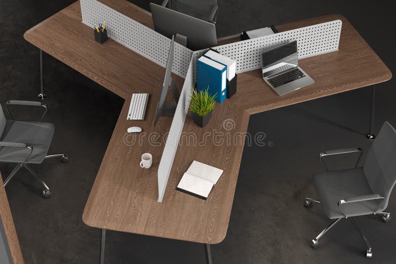 Top View of Business Interior with Pc Computer and Shared Desk with ...