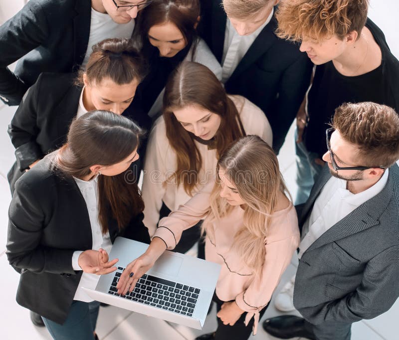 Top View. Business Team Together Pointing at the Laptop Screen Stock ...