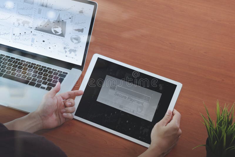 Top View of Businessman Hands Using Digital Pro Tablet and Laptop ...