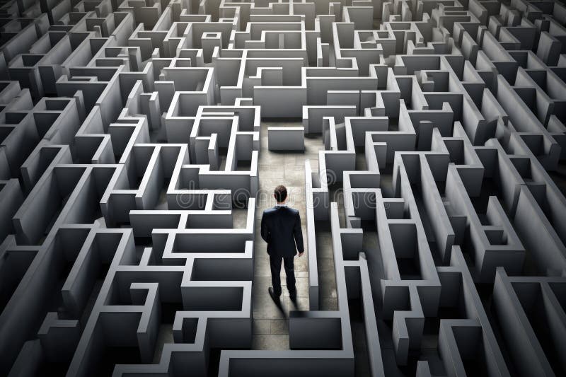 Top View Businessman in the Middle of a Big Maze Looking for a Way Out ...