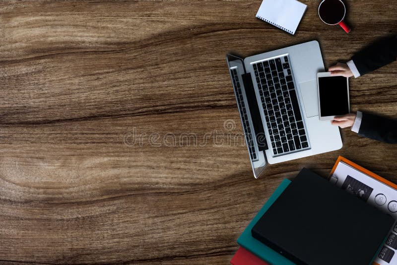 Top View of Businessman Working with Tablet and Laptop with Folders on ...