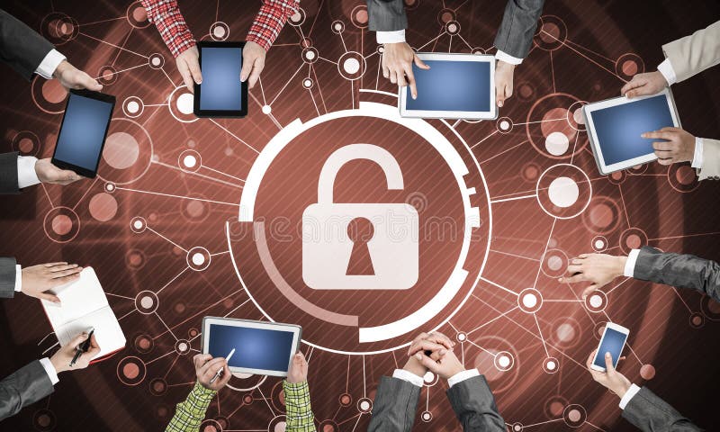 Top View of Businesspeople Sitting at Table and Using Gadgets Stock ...