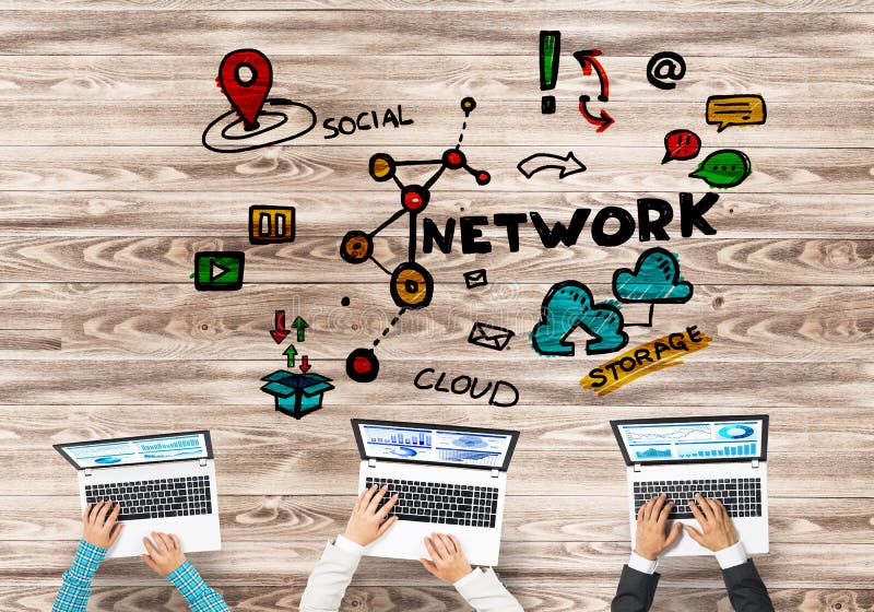 Top View of Businesspeople Sitting at Table and Using Gadgets Stock ...