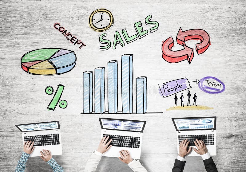 Top View of Businesspeople Sitting at Table and Using Gadgets Stock ...