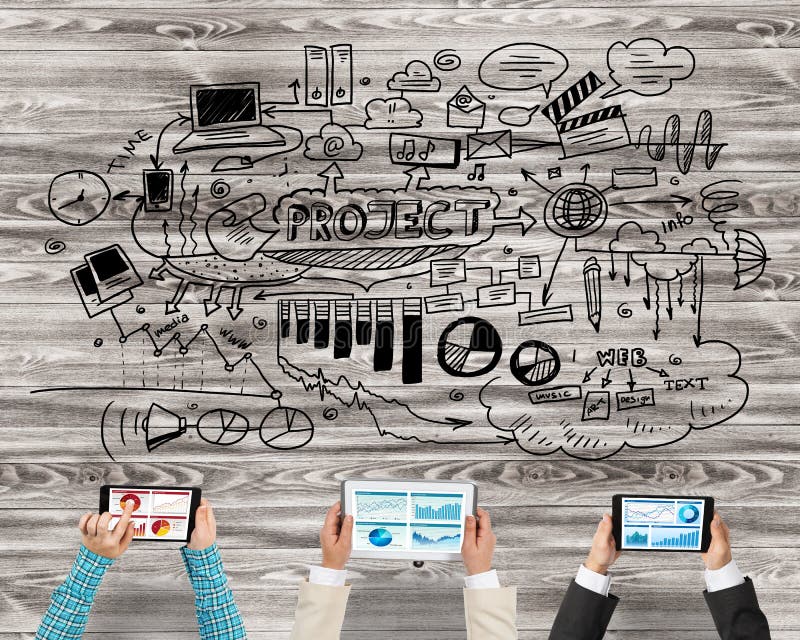 Top View of Businesspeople Sitting at Table and Using Gadgets Stock ...