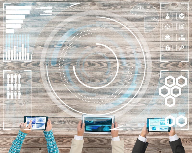 Top View of Businesspeople Sitting at Table and Using Gadgets Stock ...