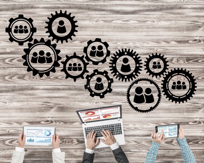 Top View of Businesspeople Sitting at Table and Using Gadgets Stock ...