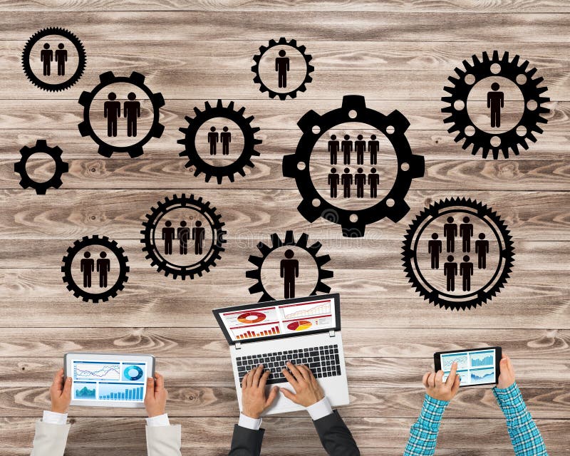 Top View of Businesspeople Sitting at Table and Using Gadgets Stock ...