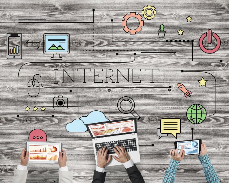 Top View of Businesspeople Sitting at Table and Using Gadgets Stock ...