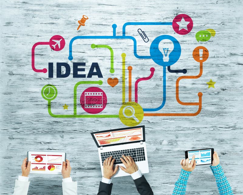 Top View of Businesspeople Sitting at Table and Using Gadgets Stock ...