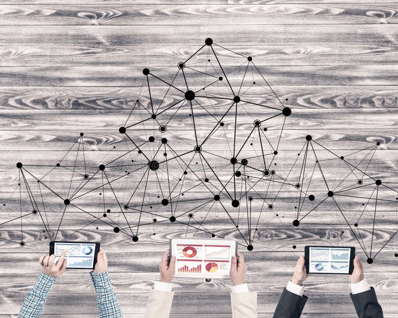 Top View of Businesspeople Sitting at Table and Using Gadgets Stock ...