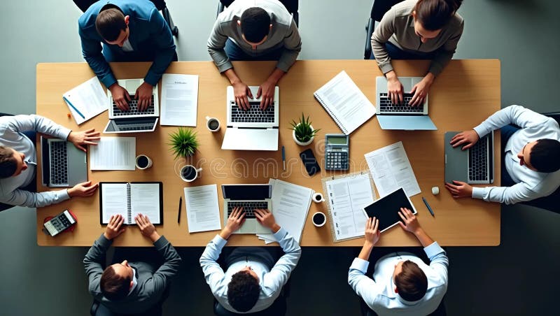 Top View of Busy Office Workspace with Team Collaboration and Business Documents Stock ...