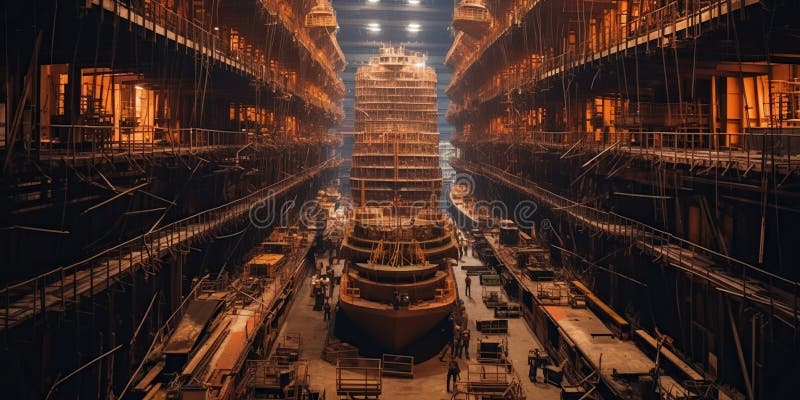 Top View of a Busy Shipbuilding Hangar, Skeletal Frames of Massive ...