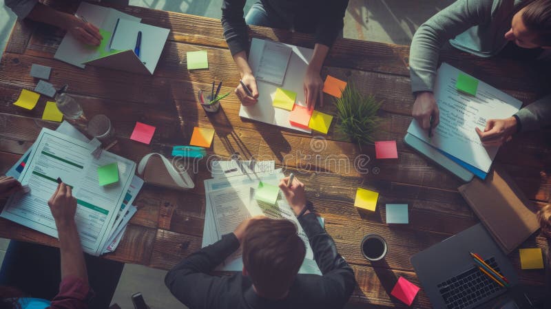 Top View of a Busy Work Table during a Team Meeting, with Hands of ...