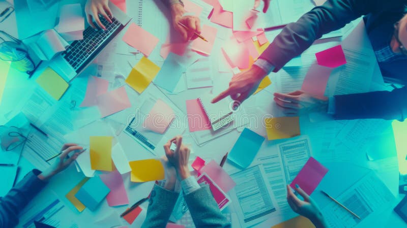Top View of a Busy Work Table during a Team Meeting, with Hands of ...