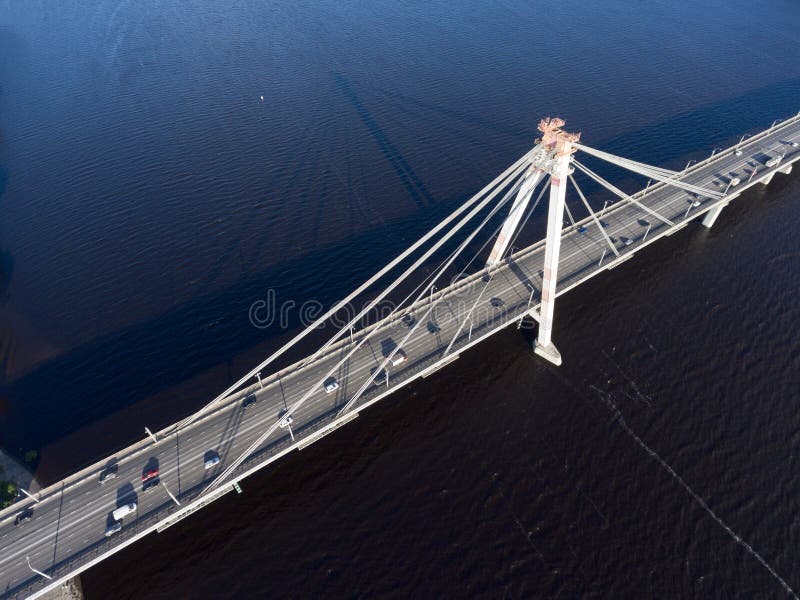 Top View at the Cable-stayed Bridge Across Wide River with Vehicles ...
