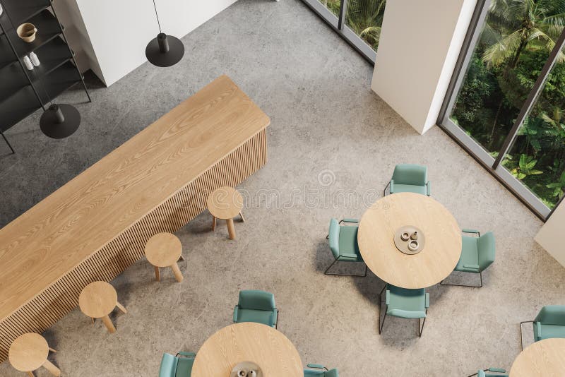 Top View of Cafe Interior with Seats and Table, Counter Near Panoramic ...