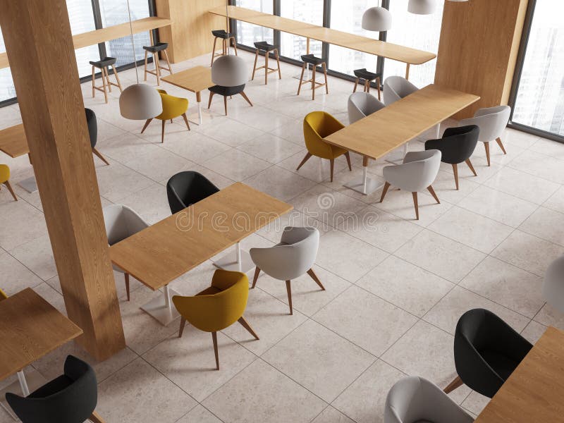 Top View of Cafe Interior with Seats and Table in Row, Eating Zone with ...