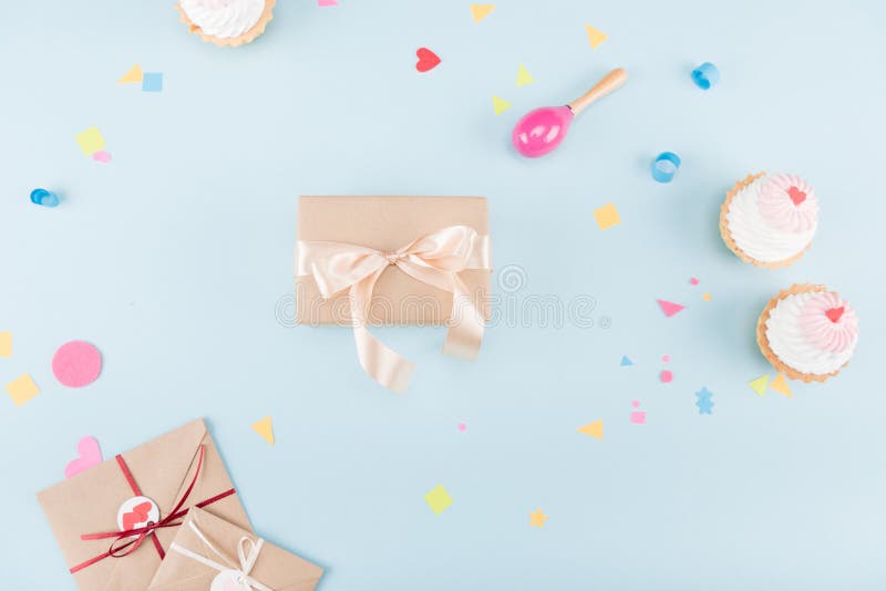 Top View of Cakes with Gift Boxes and Beanbag Mock-up Stock Photo ...