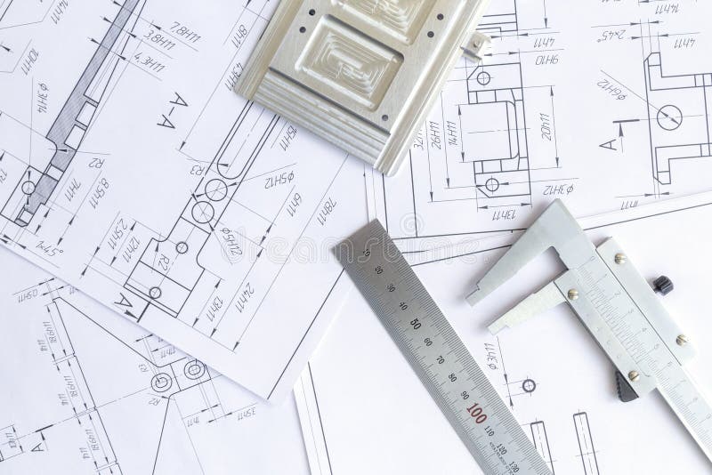 Top View of a Caliper Measuring Tool, Ruler and Detail Drawings ...