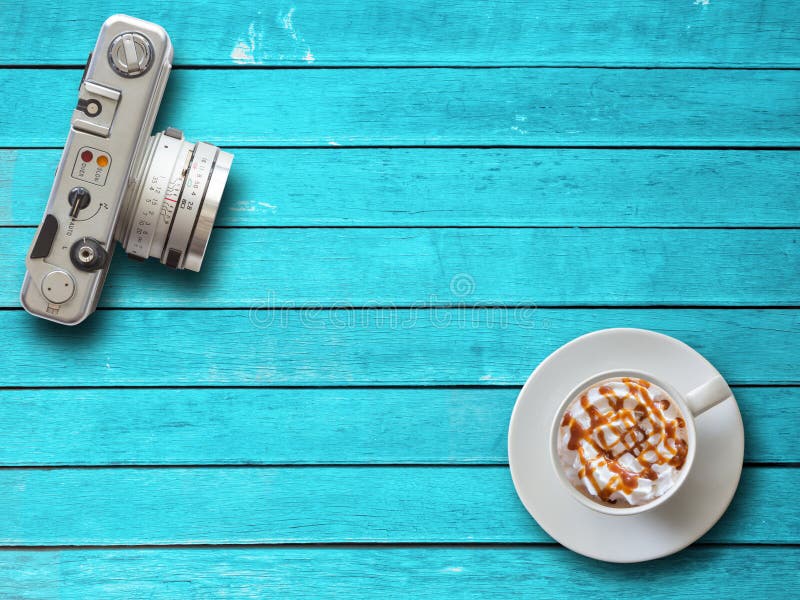 Top View of Camera and Coffee on Wooden Stock Image - Image of object ...