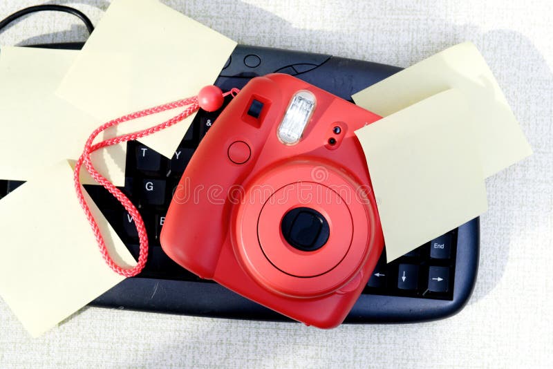 Top View of the Camera, Computer Keyboard, and Sticky Notes Stock Photo ...