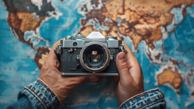 Top View of the Camera in His Hands on the Background of the World Map ...