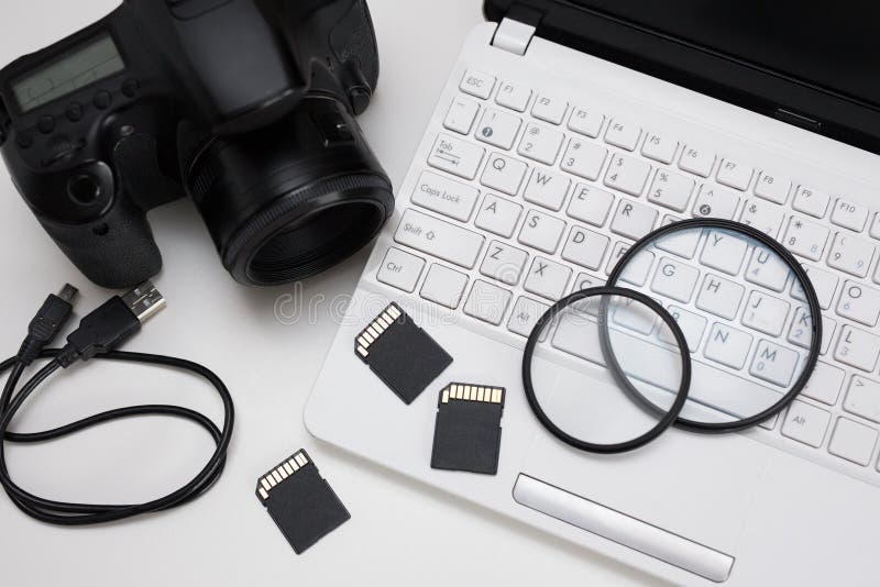 Top View of Camera, Photography Equipment and Computer Stock Image ...