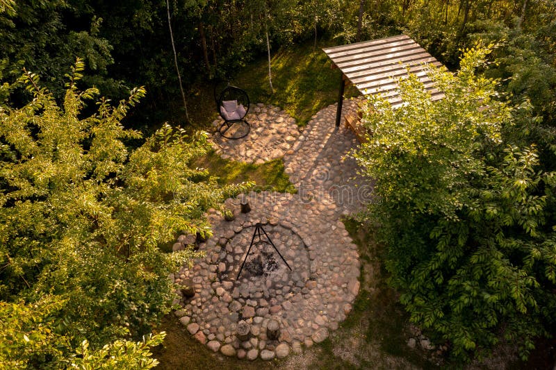 Top view of campfire area stock photo. Image of exterior - 343765852