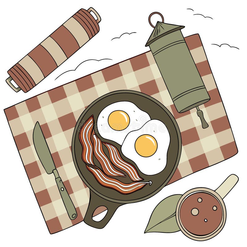 Top View Camping Breakfast with Bacon and Eggs in a Cast Iron Skillet ...