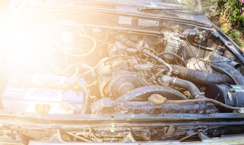 Top View, Car Bonnet, Old Car Engine Stock Photo - Image of engine ...