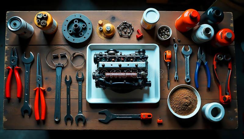 Top View of Car Engine and Mechanic Tools Layout on Wooden Table – AI ...