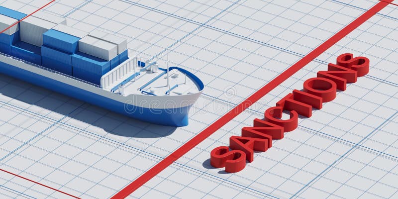Top View of Cargo Ship with Containers and Restriction Line, Sanctions ...