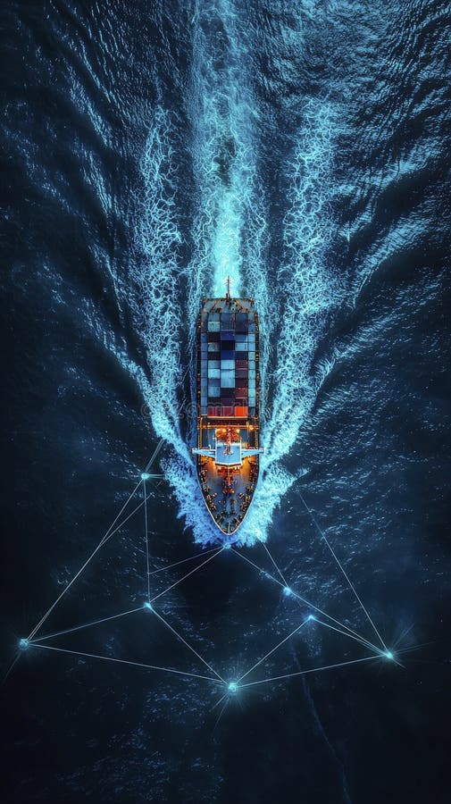 Top View of Cargo Ship with Digital Network Design Stock Illustration ...