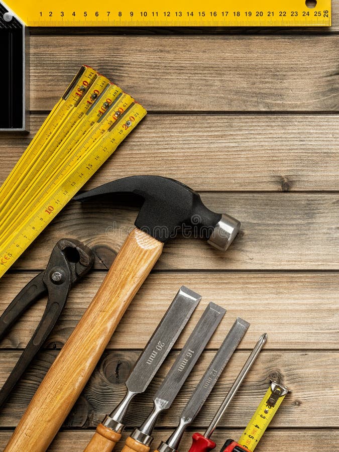 Work Tools for Carpenter on Wooden Background. Carpentry Stock Image ...