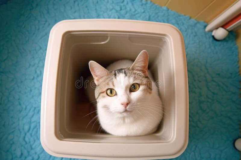 Top View of a Cat Comfortably Sitting in a Litter Box Stock ...