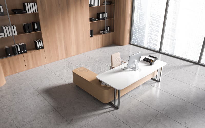 Top View of Ceo Interior with Workspace and Shelf, Panoramic Window ...